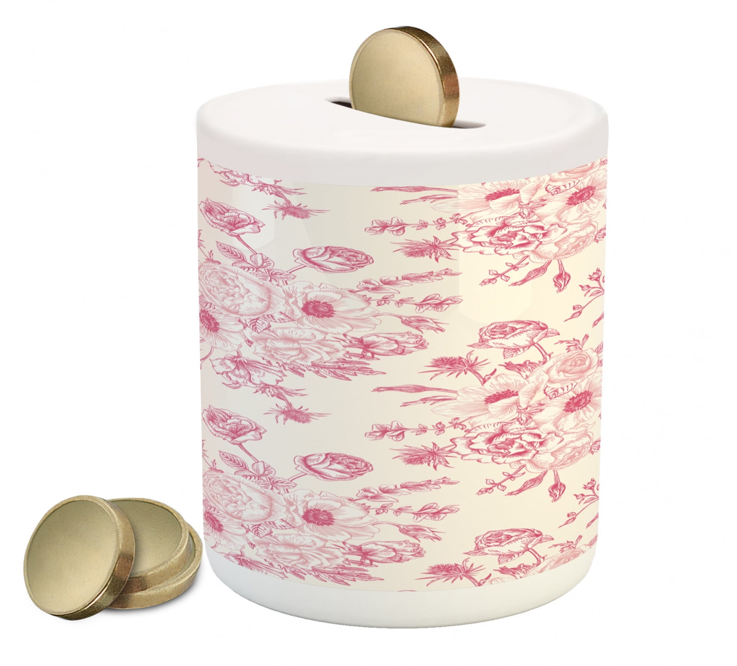Floral Piggy Bank, Romantic Rose Flower Bouquet Blooms in Soft Pastel ...
