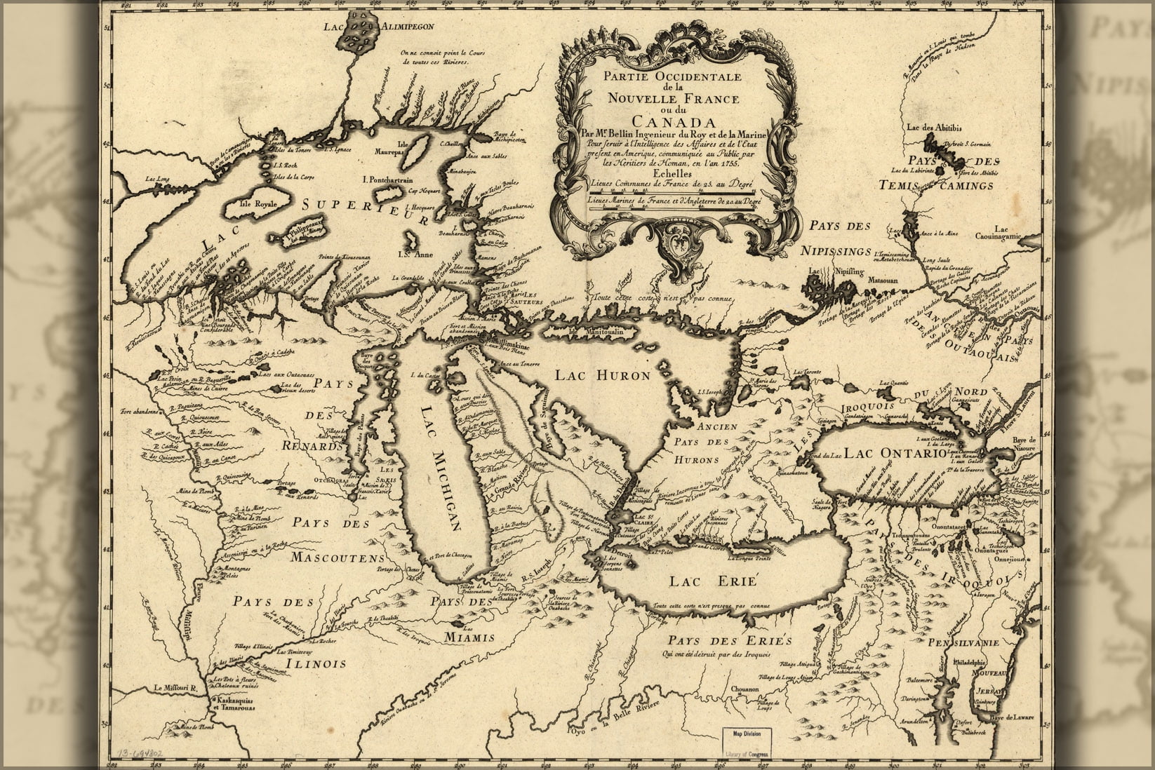 24"x36" Gallery Poster, map of michigan great lakes 1755 p2 in french ...