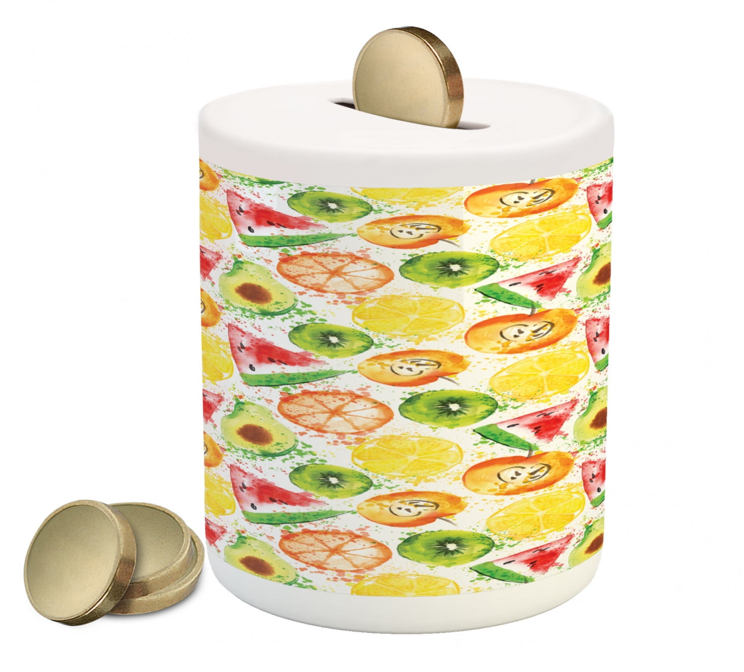 Fruit Piggy Bank, Yummy and Ripe Watermelon Kiwi Peach Orange Avocado ...