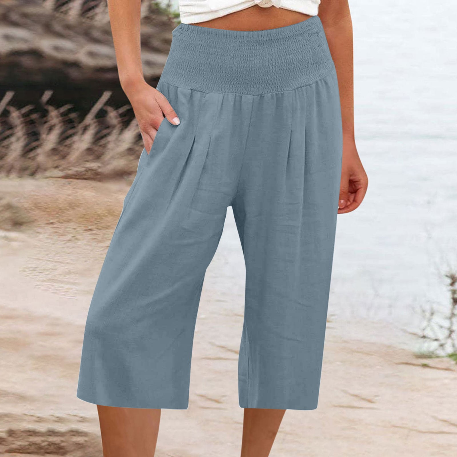 Zkccnuk Summer Plus Size Capris For Women Loose Wide Leg Pants High