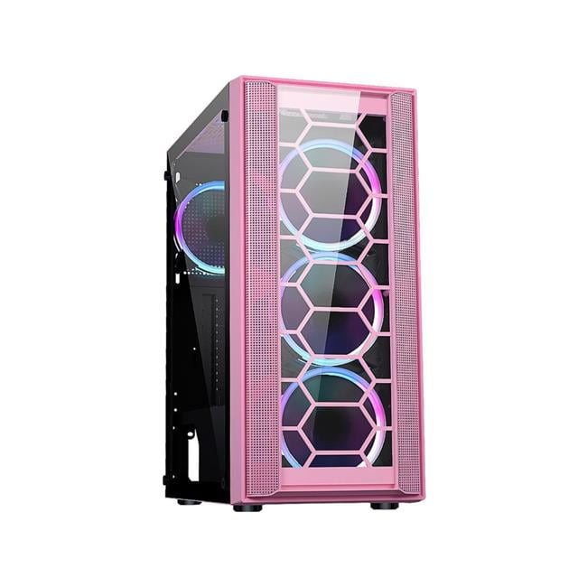 DIYPC Rainbow-Flash-F4-P Pink USB 3.0 Steel / Tempered Glass ATX Mid ...