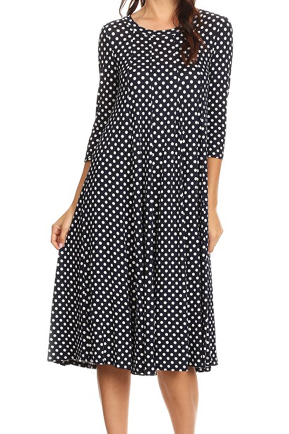 Womens Loose Fit Scoop Neck 3 4 Sleeve Polka Dot Patterned A Line Long