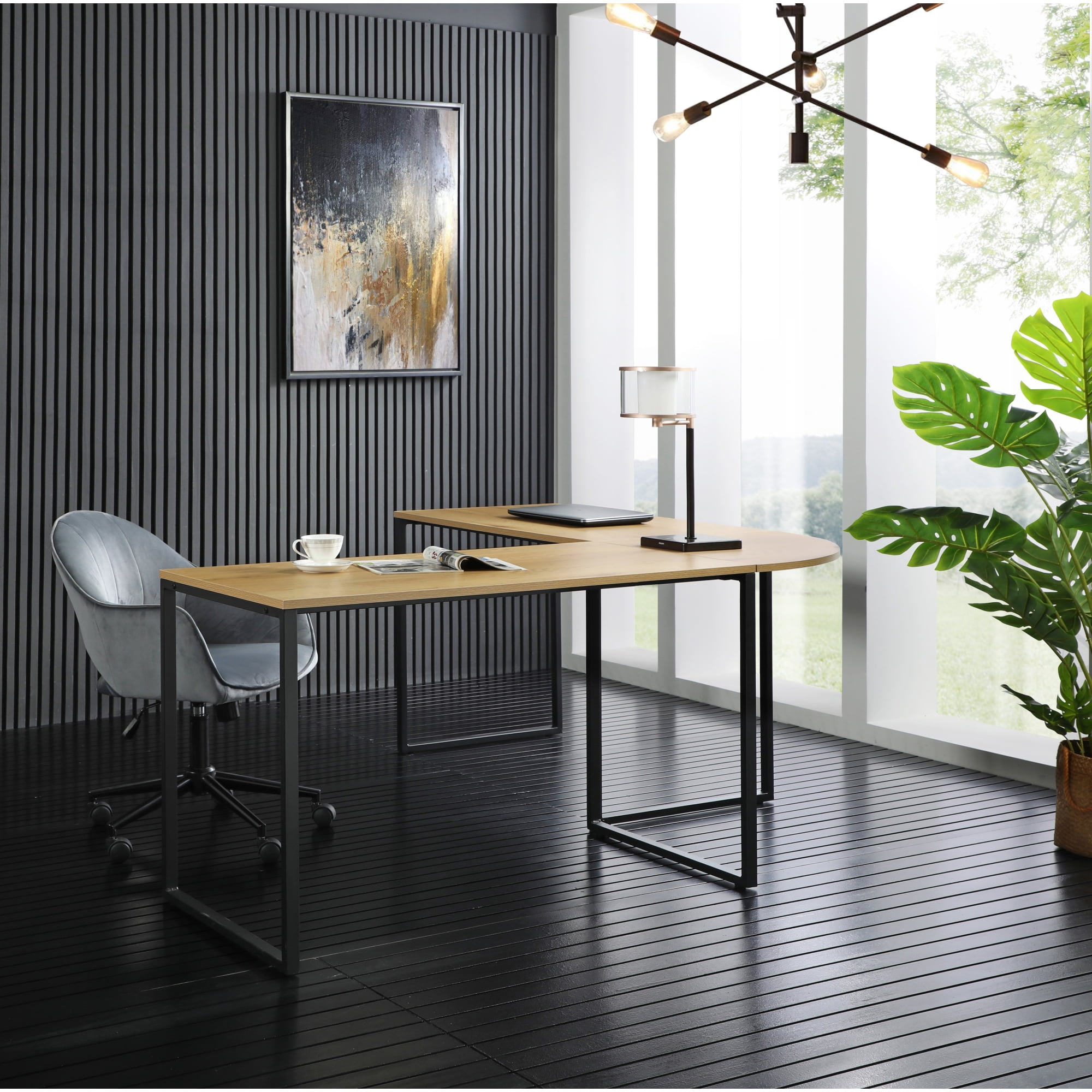 Bryanna Rectangular L-Shaped MDF Desk with Black Legs, Natural ...