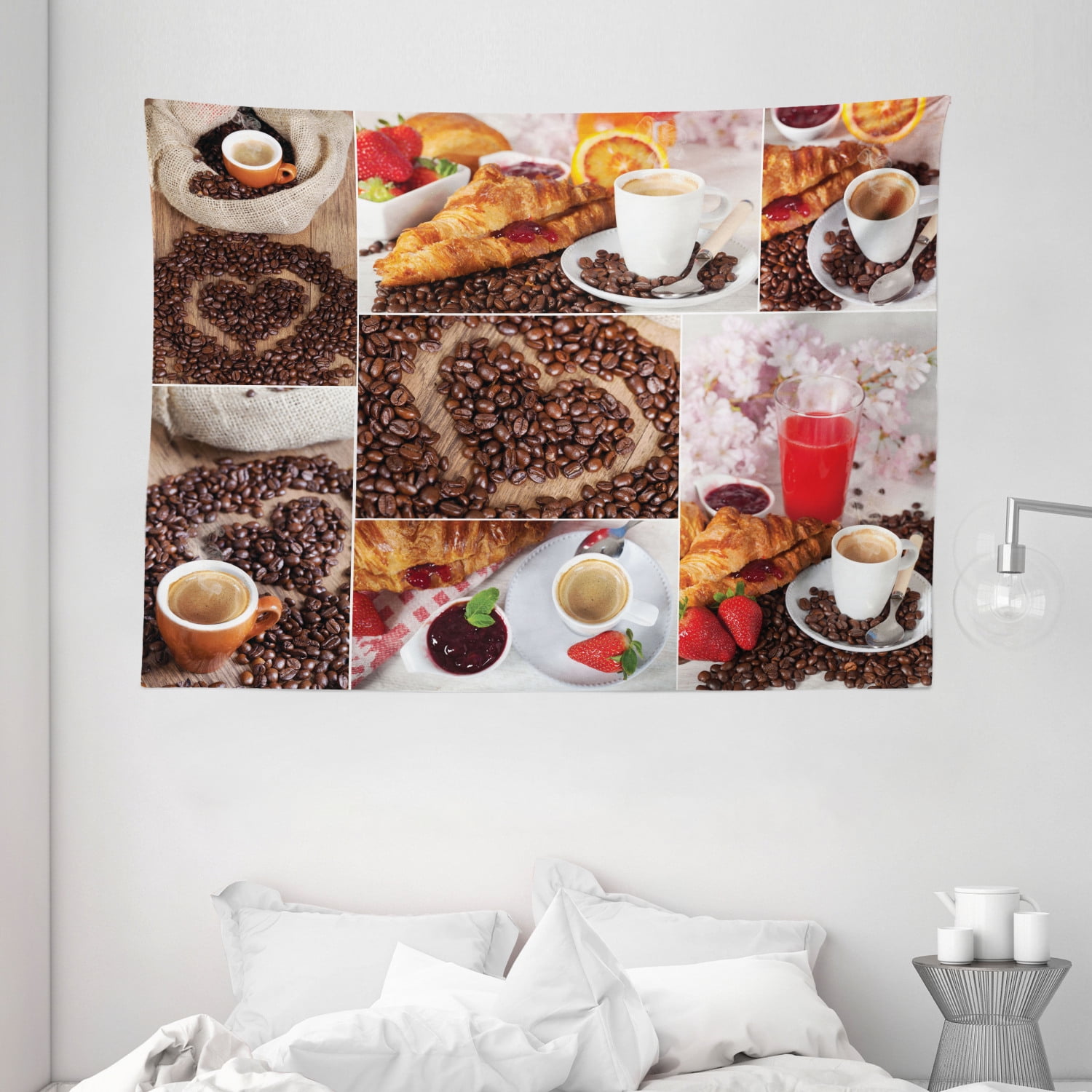 Kitchen Tapestry, Collage of Different Photos Breakfast Theme Croissant ...