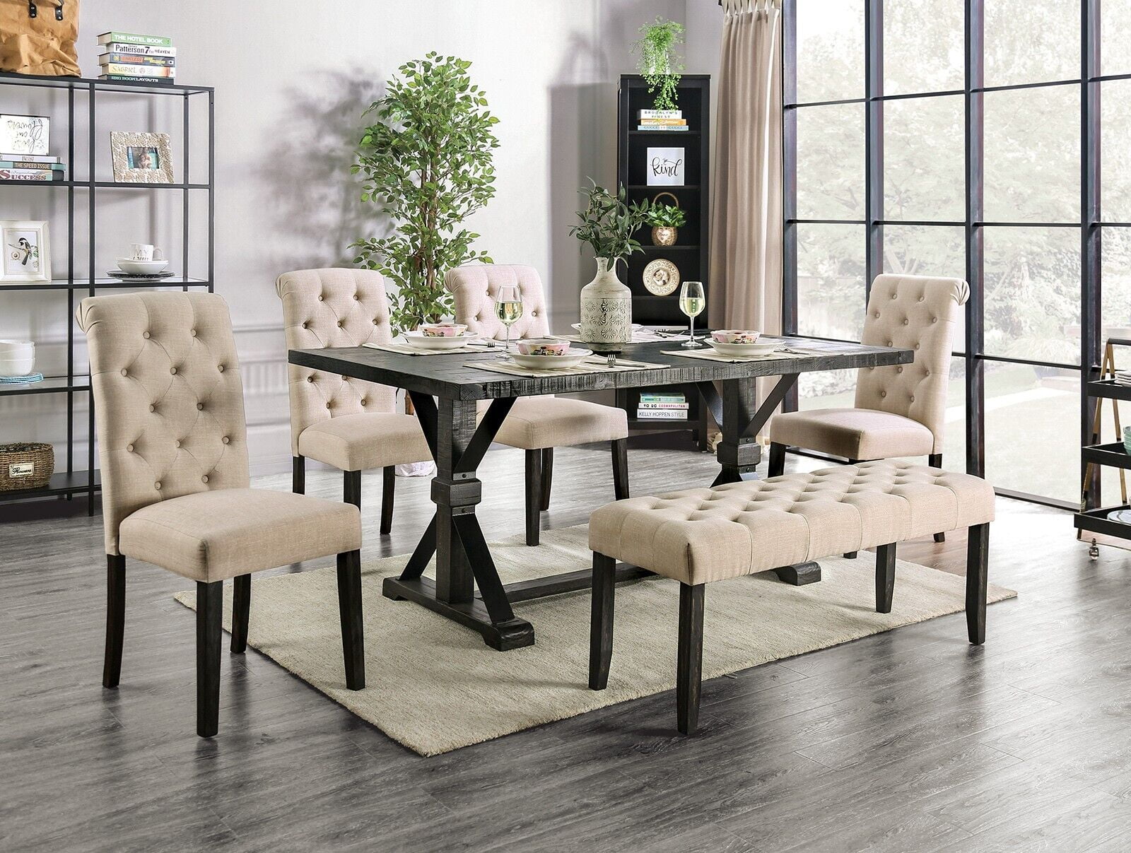 Rustic 6pc Dining Set Rect Dining Table 4x Side Chairs Bench Ivory Fabric Button Tufted Scroll ...