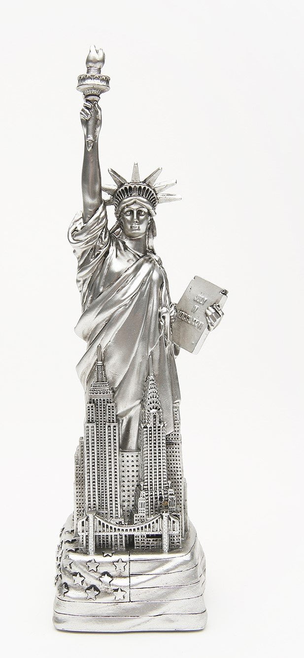 Statue of Liberty figurine New York City skyline and flag around the ...