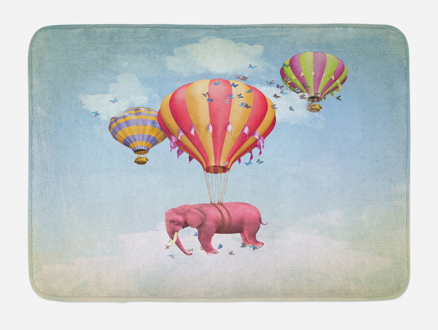 Elephant Bath Mat, Pink Elephant in the Sky with Balloons Illustration ...