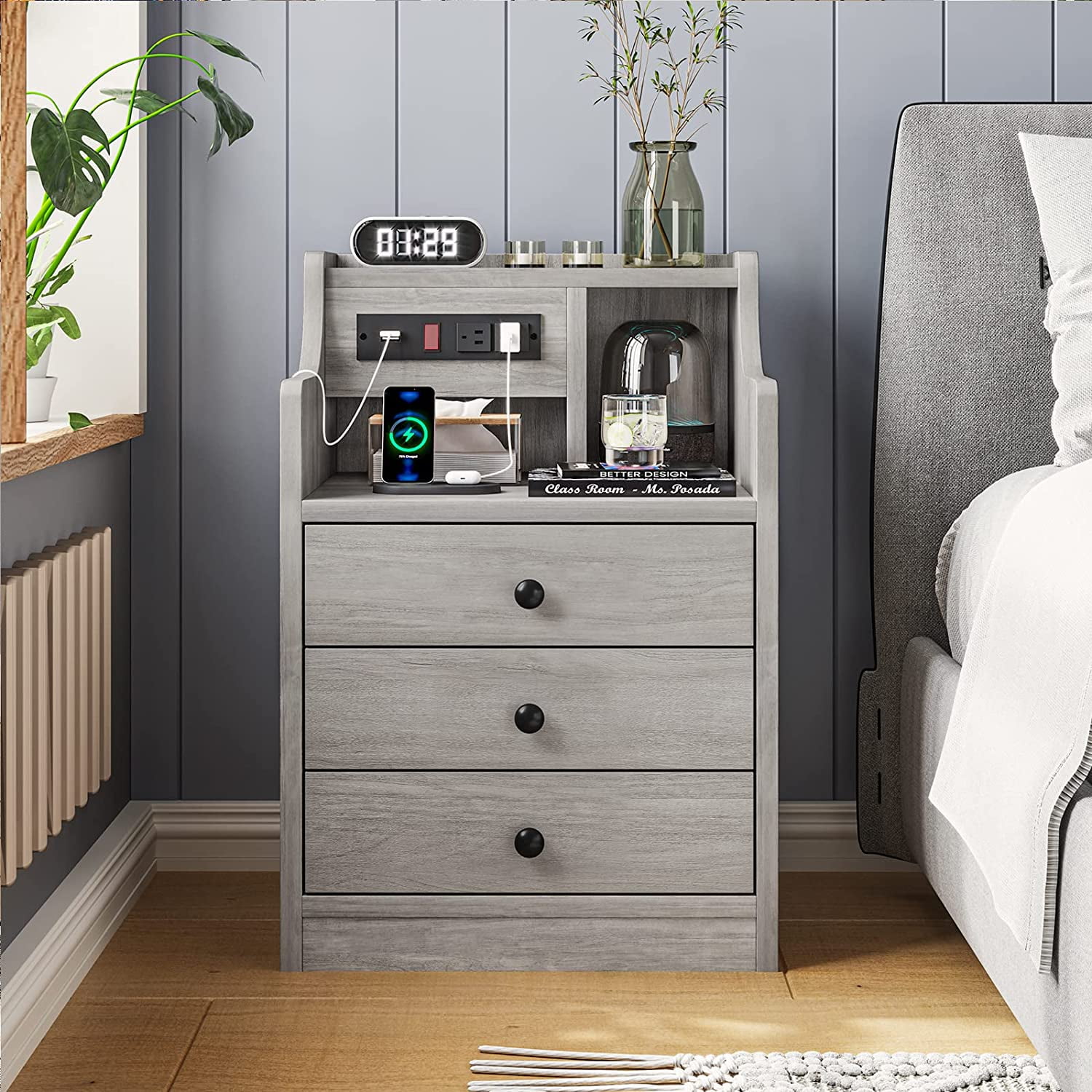 Nightstand with Charging Station & Hutch & 3 Drawer, Wood Bedside Table ...