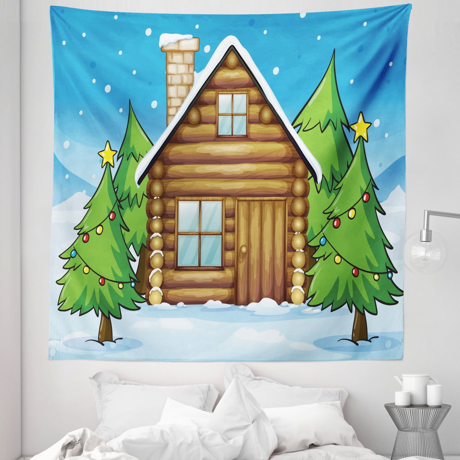 Log Cabin Tapestry, Illustration of a Cabin in Winter and Firs with ...