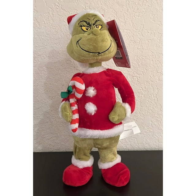 The Grinch with Santa Hat and Candy Cane Christmas Animated Plush New ...