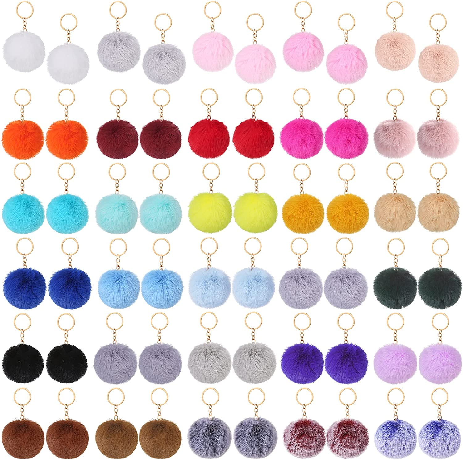 Fymlhomi 60 Pieces Pompoms Keychains Fluffy Puff Ball Keyrings for ...