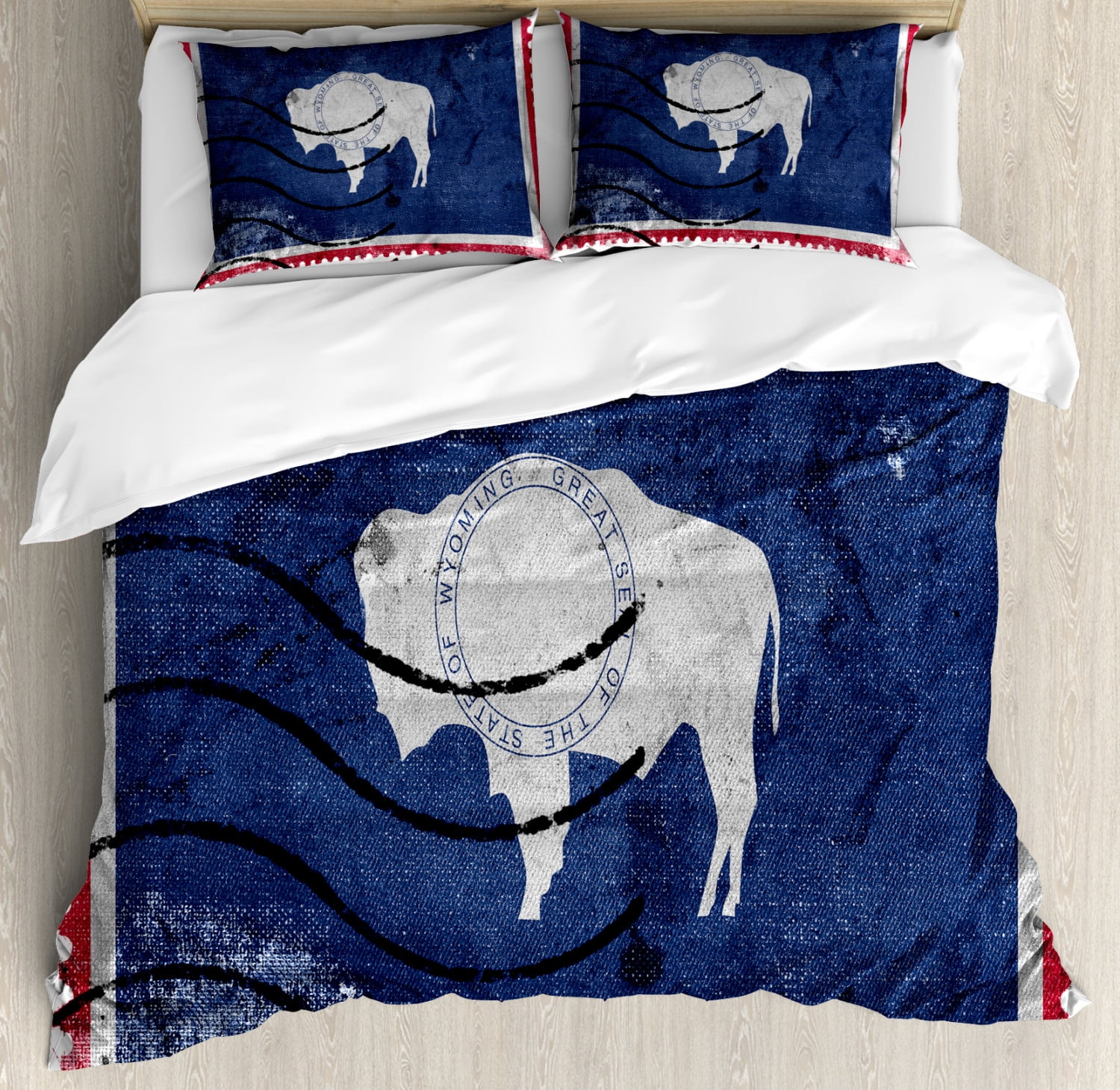 Wyoming Duvet Cover Set King Size, Old Postage Stamp Look Design with ...