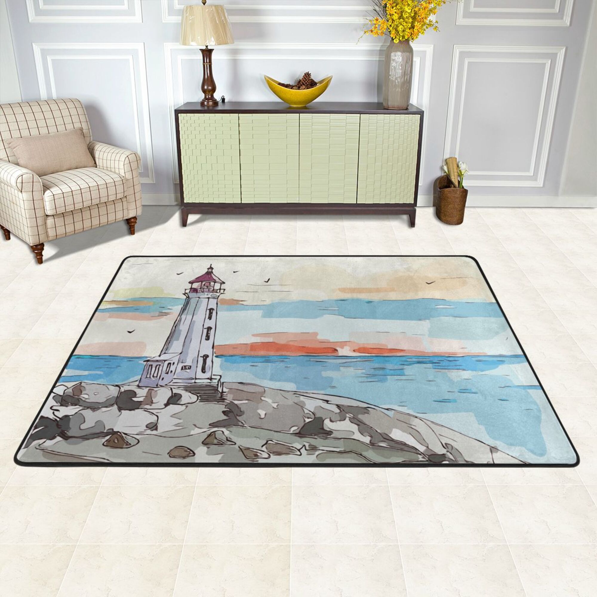 XMXY Lighthouse Milestone Watercolor Painting Area Rugs Doormat Outdoor ...