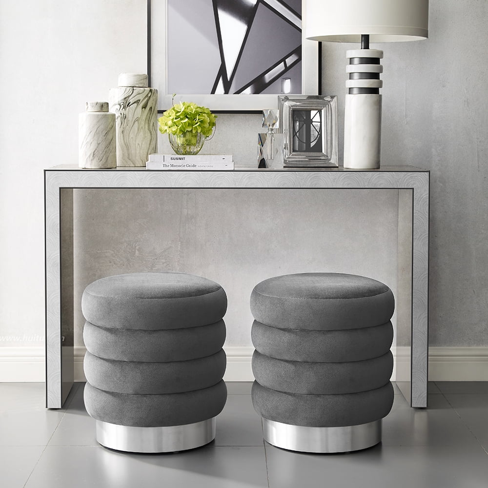 MEXIYA Della Grey Textured Velvet Ottoman with Silver Finish Stainless ...