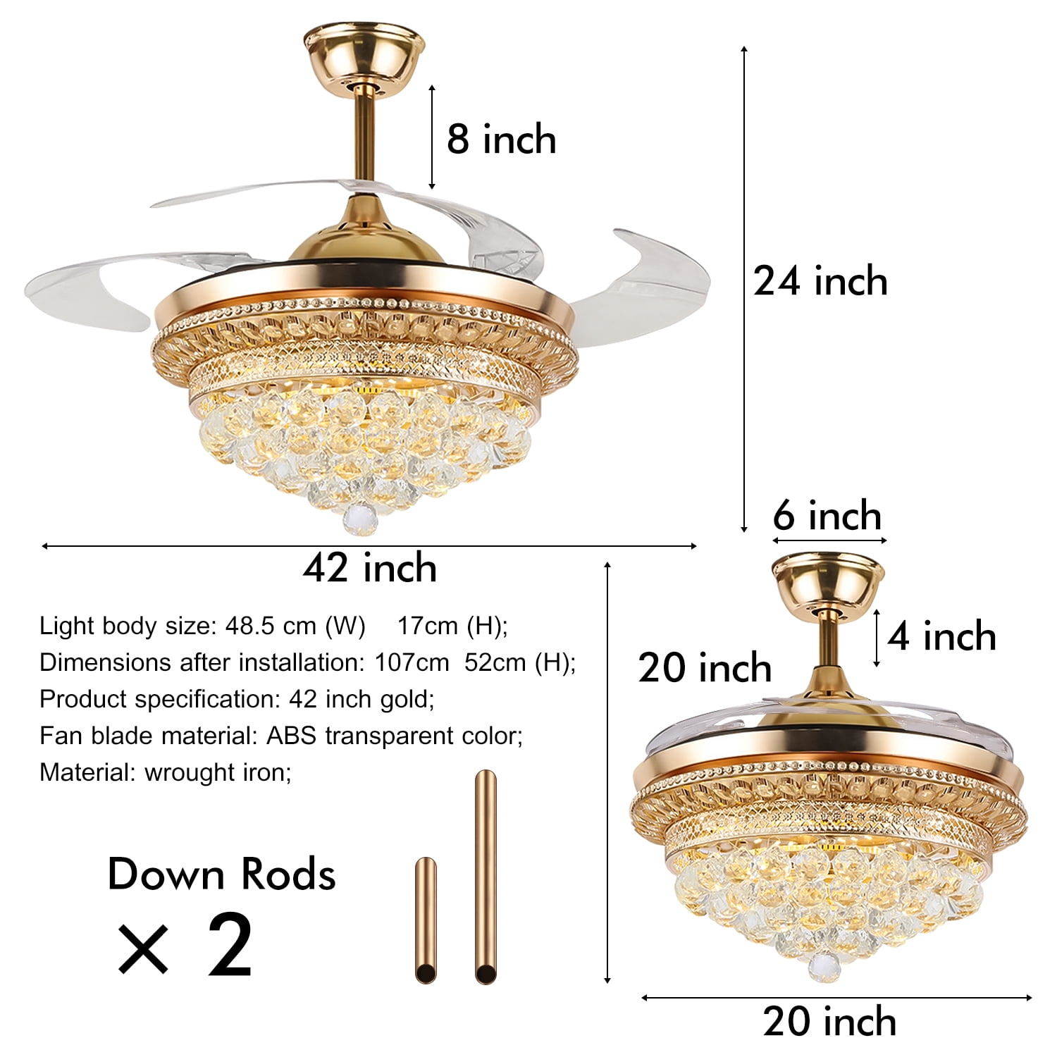 FINE MAKER 42″ Crystal Ceiling Fan with Light Remote Control ...