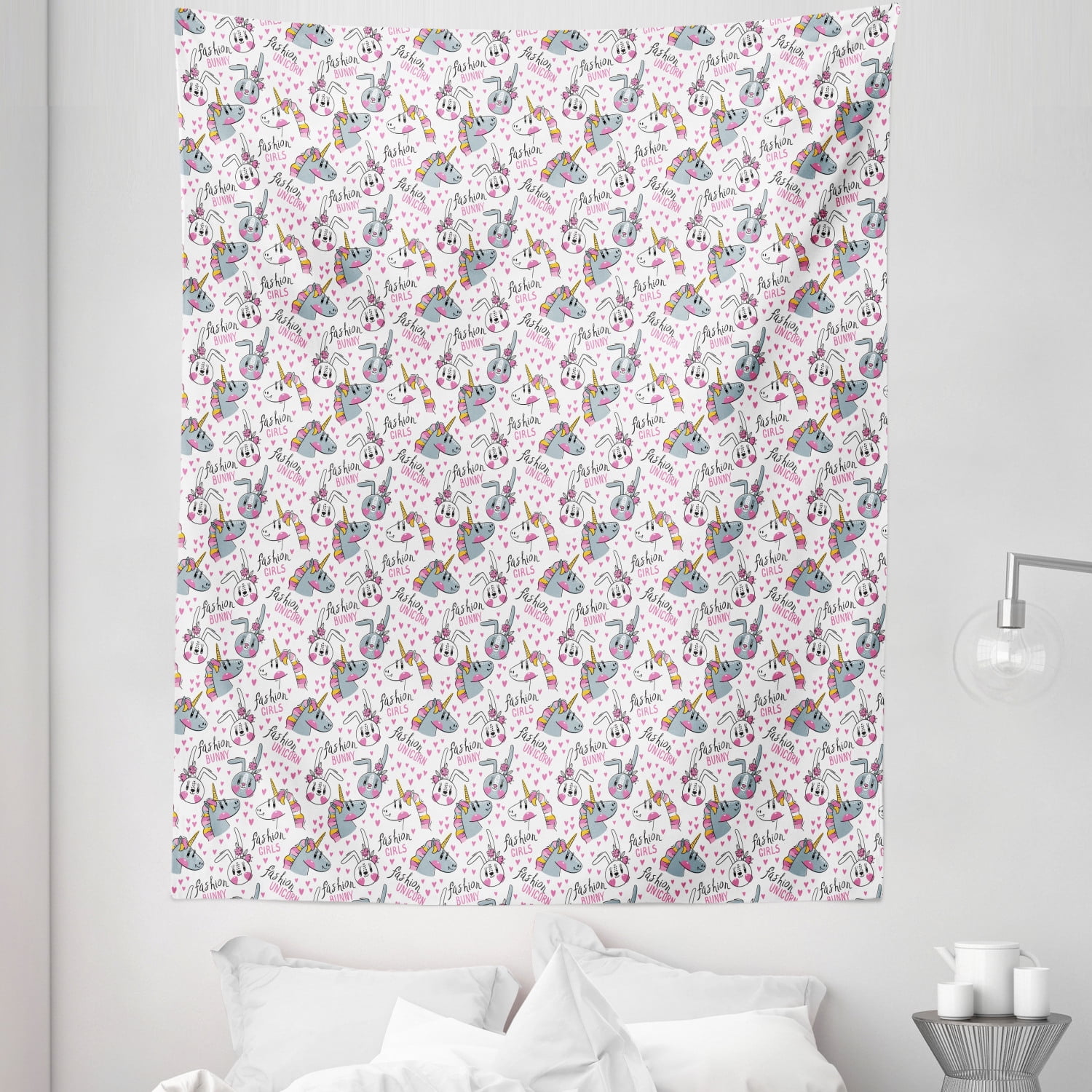 Cartoon Tapestry, Rabbit Bunny Unicorns Hearts and Flowers Repetitive ...
