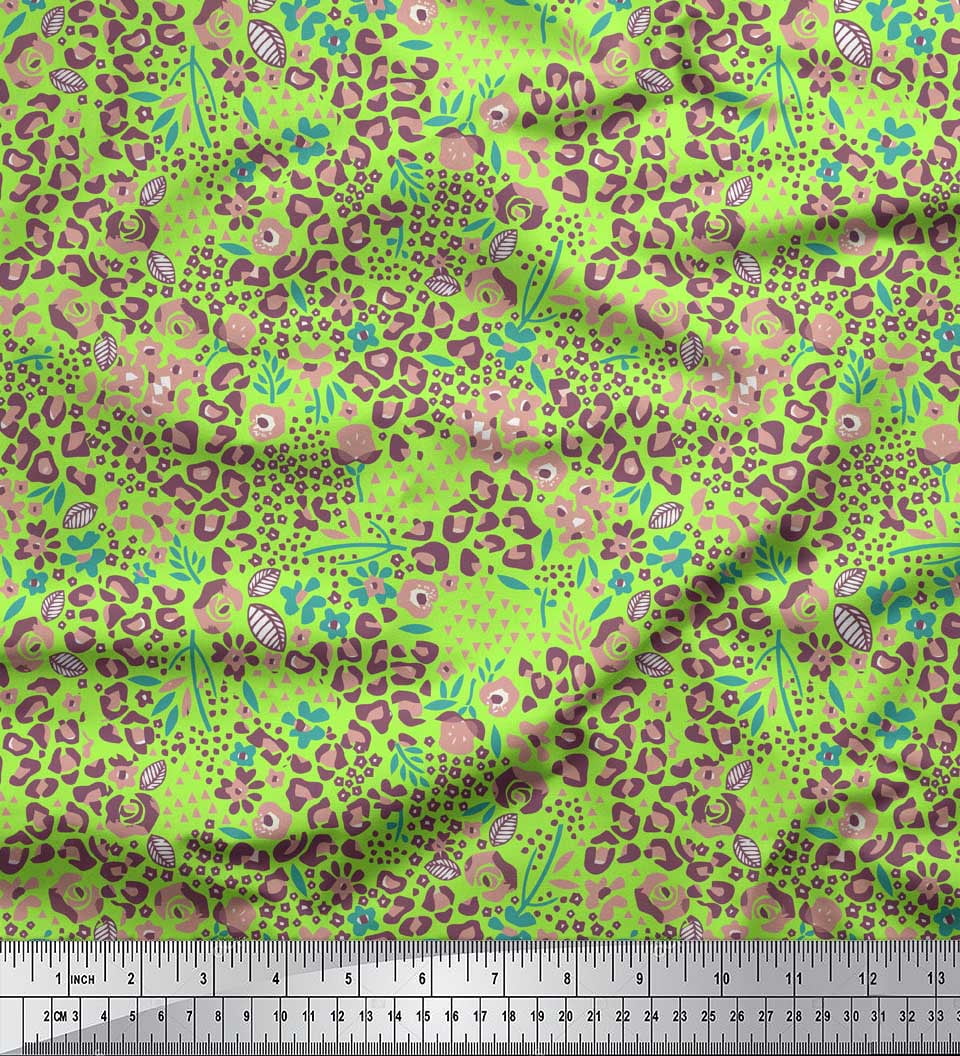Soimoi Green Cotton Duck Fabric Floral & Leopard Animal Skin Printed ...