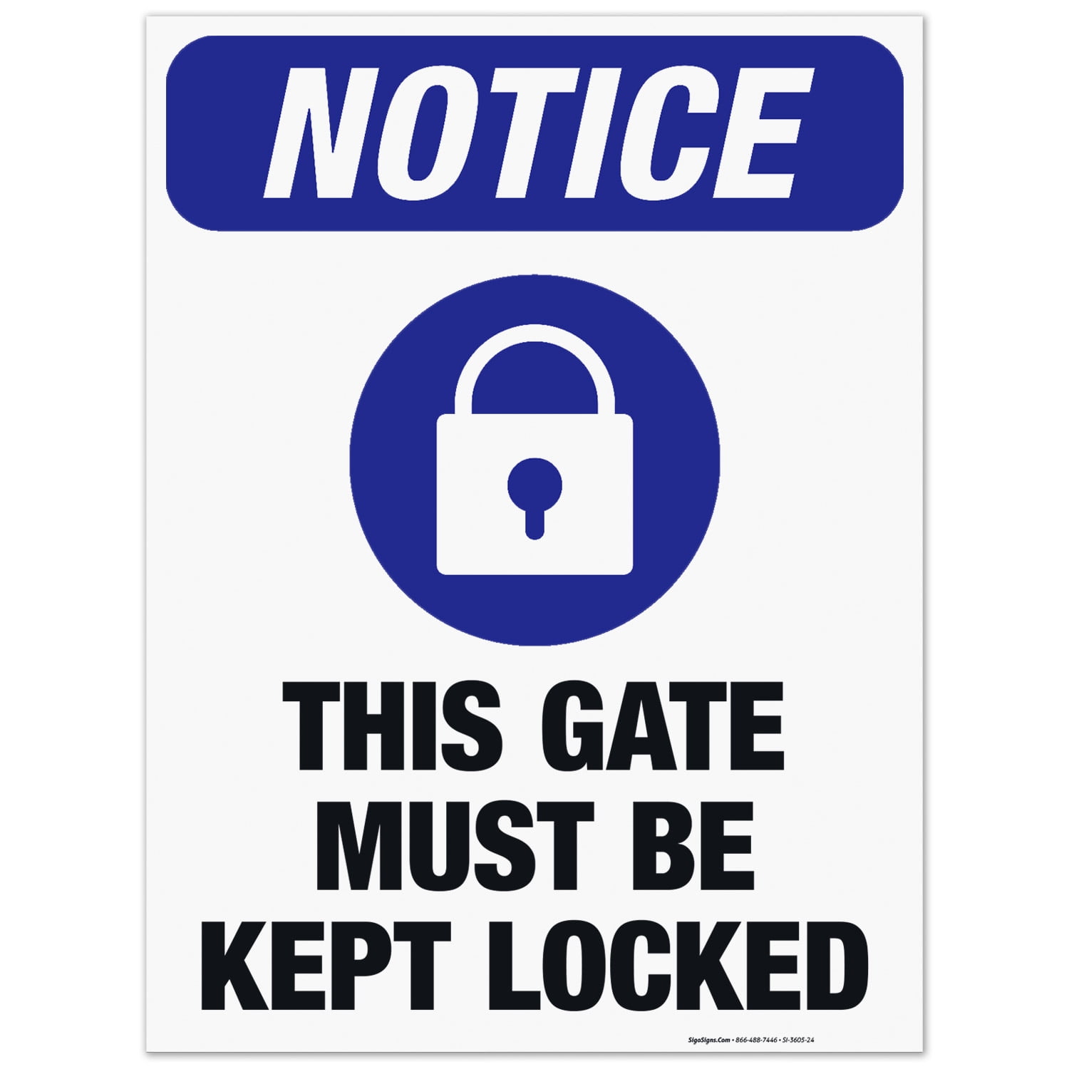 Gate Must Be Kept Locked with Symbol Sign, ANSI Notice Sign, 18x24 ...