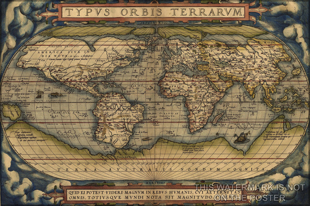 24"x36" Gallery Poster, Ortelius World Map Typvs Orbis Terrarvm 1570 ...