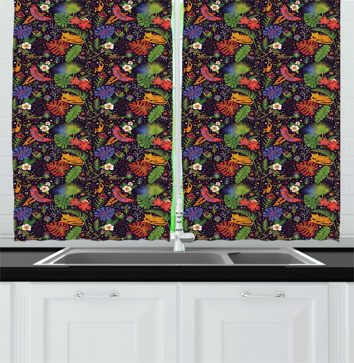 Tropical Curtains 2 Panels Set, Animals Flowers of Hawaii on Indigo ...