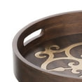 18 Inch Round Decorative Tray, Brass Inlaid Design and Brown Wood Frame ...