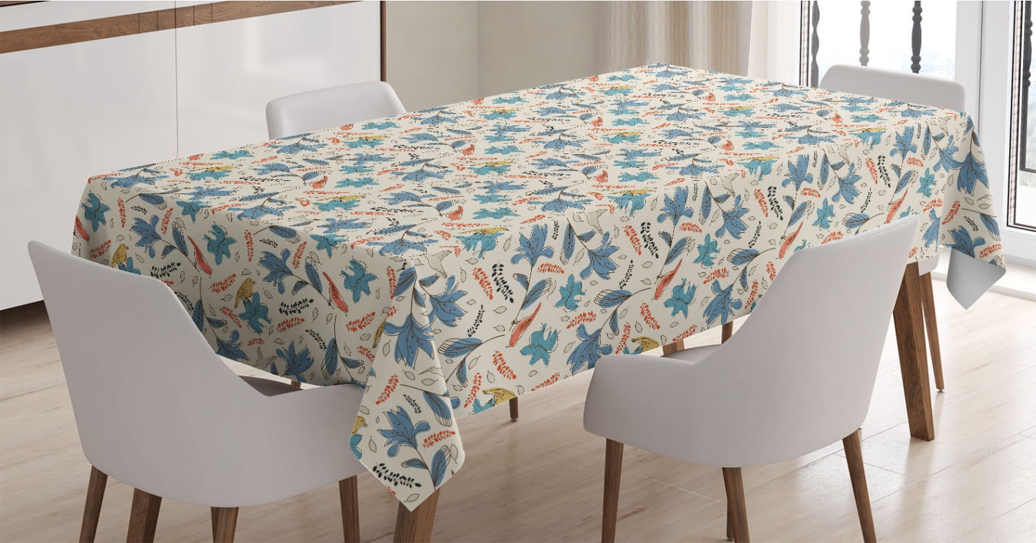 Nature Tablecloth, Abstract Flowers Leaves Herbs and Birds Nostalgic ...
