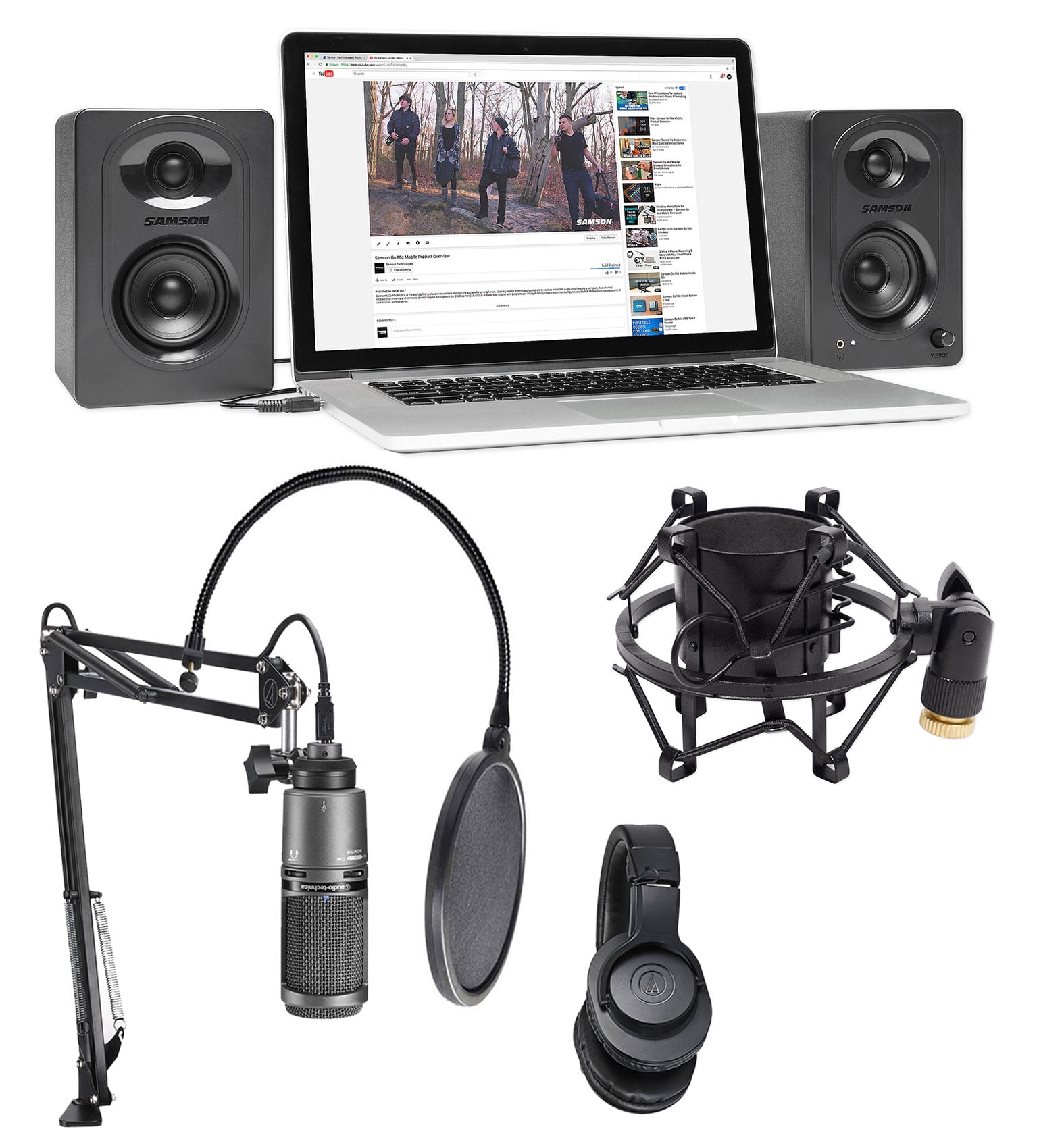 Audio Technica Podcast Podcasting Microphone+Pop Filter+Headphones+Boom ...