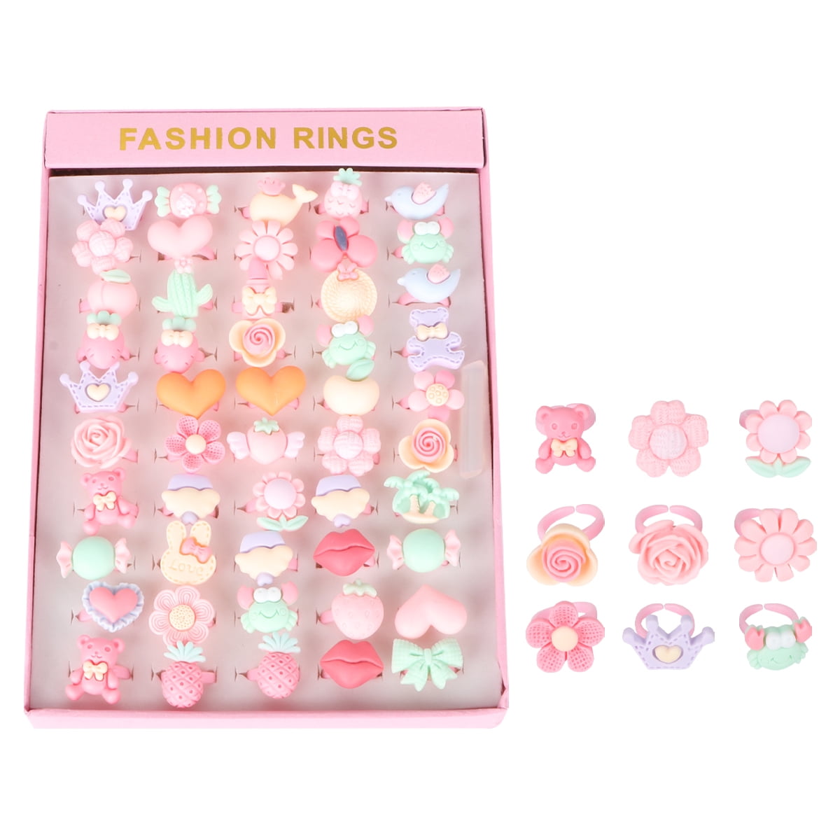 Frcolor Kid Ring 50pcs Fashion Cartoon Rings Open Adjustable Finger Ring Jewelry Toys For Kids Girls (Frosted Flower) 0.79X0.75X0.75 Multi-Color 0.