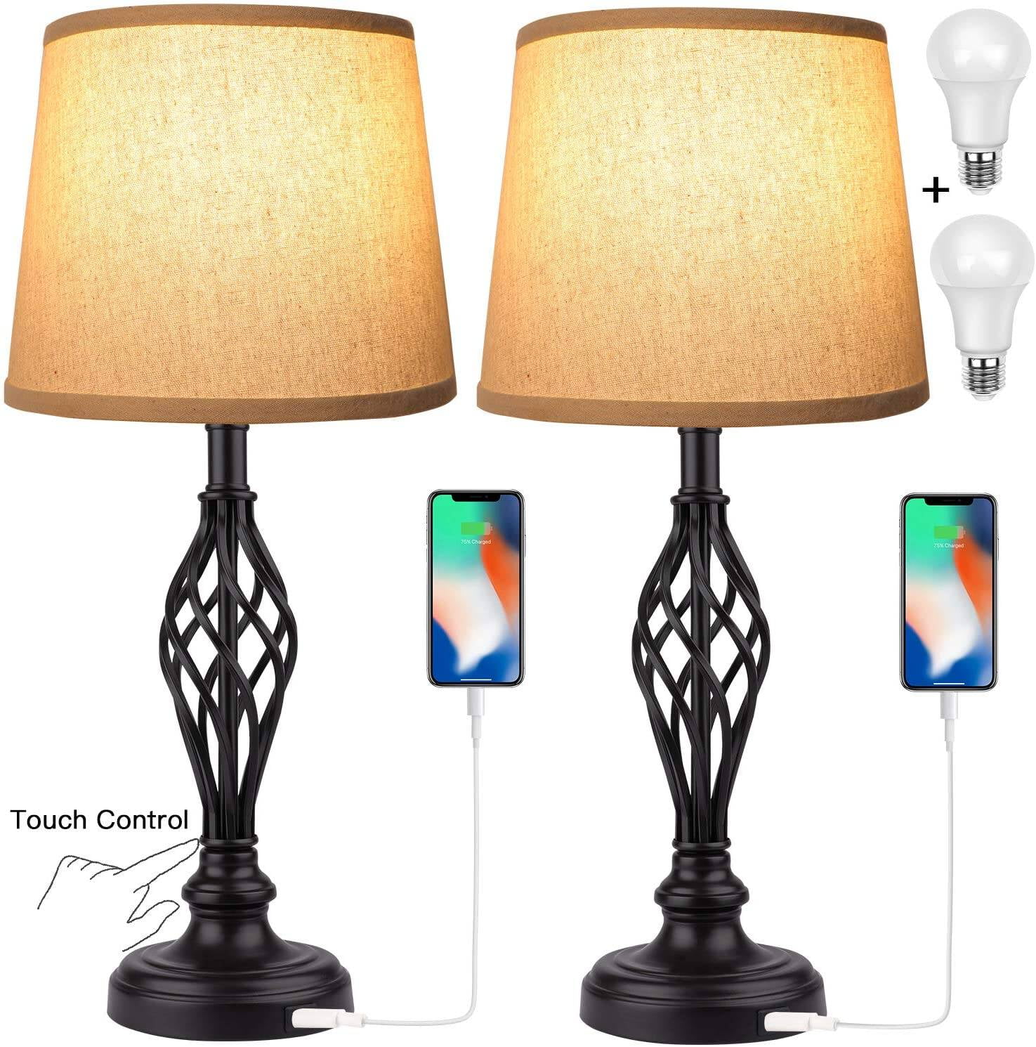 Set of 2 Touch Control Table Lamp with USB Ports,3-Way Dimmable ...