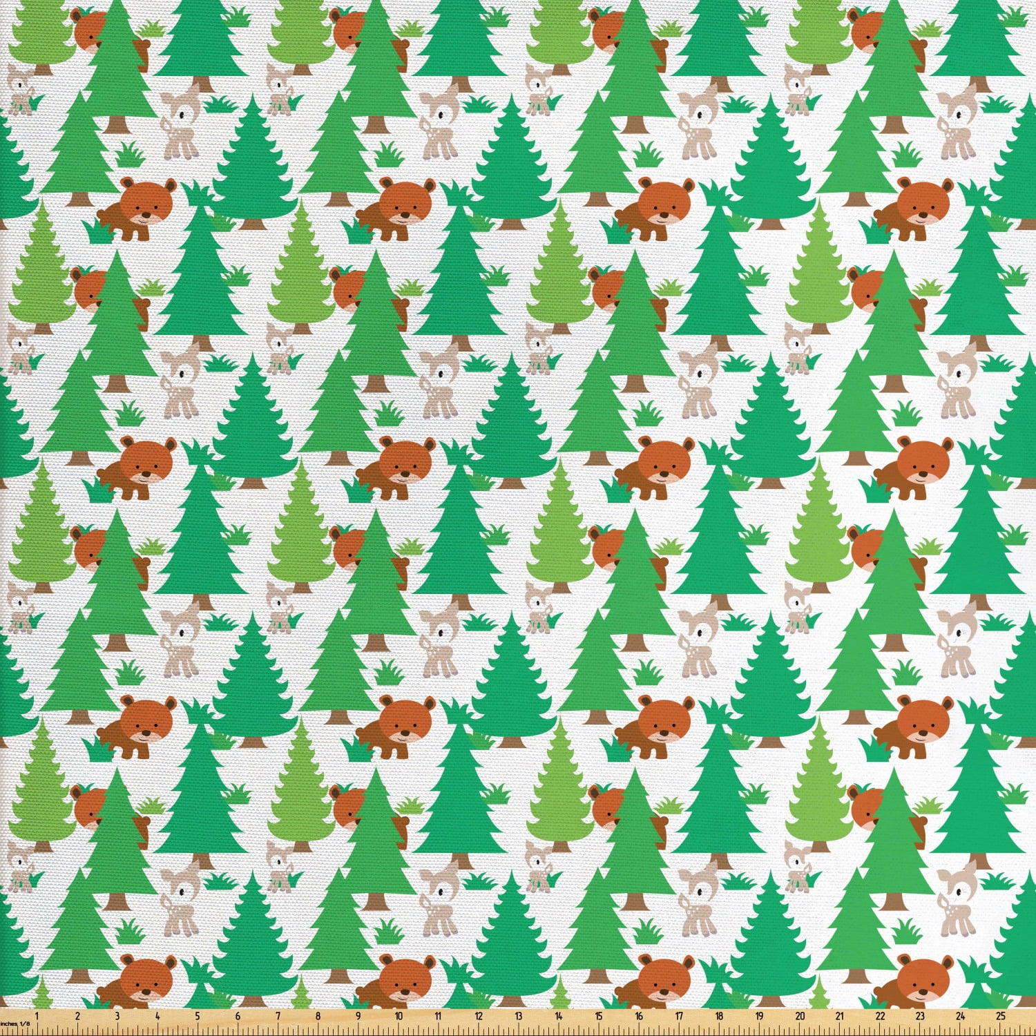 Forest Fabric by the Yard, Continuous Pine Tree Bear Gazelle Motifs ...