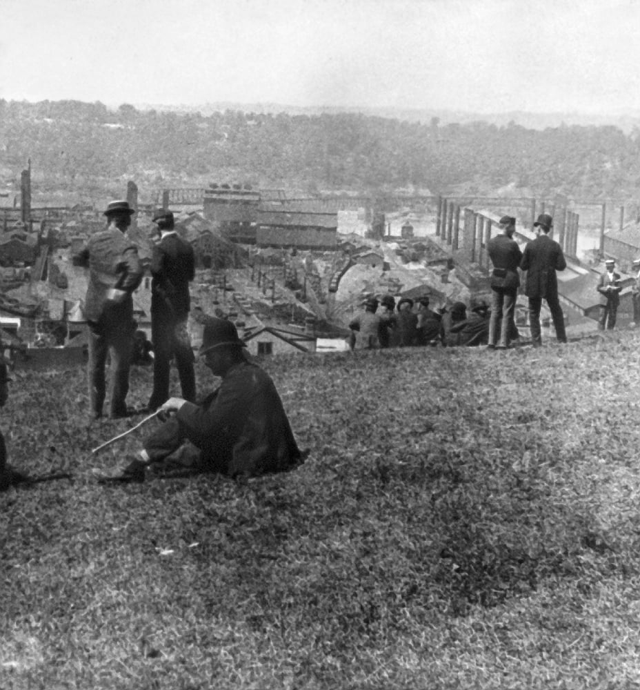 Homestead Strike 1892 Ncarnegie Steel Workers On Strike Look Over The ...