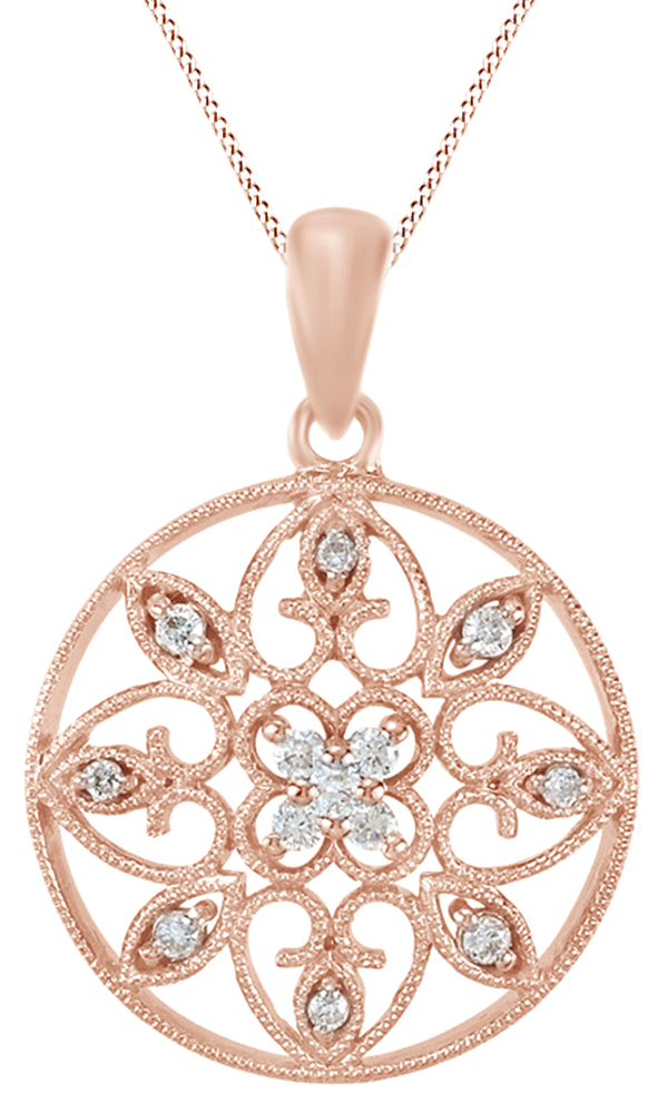 Round Cut White Natural Diamond filigree Pendant Necklace In 14k Rose ...