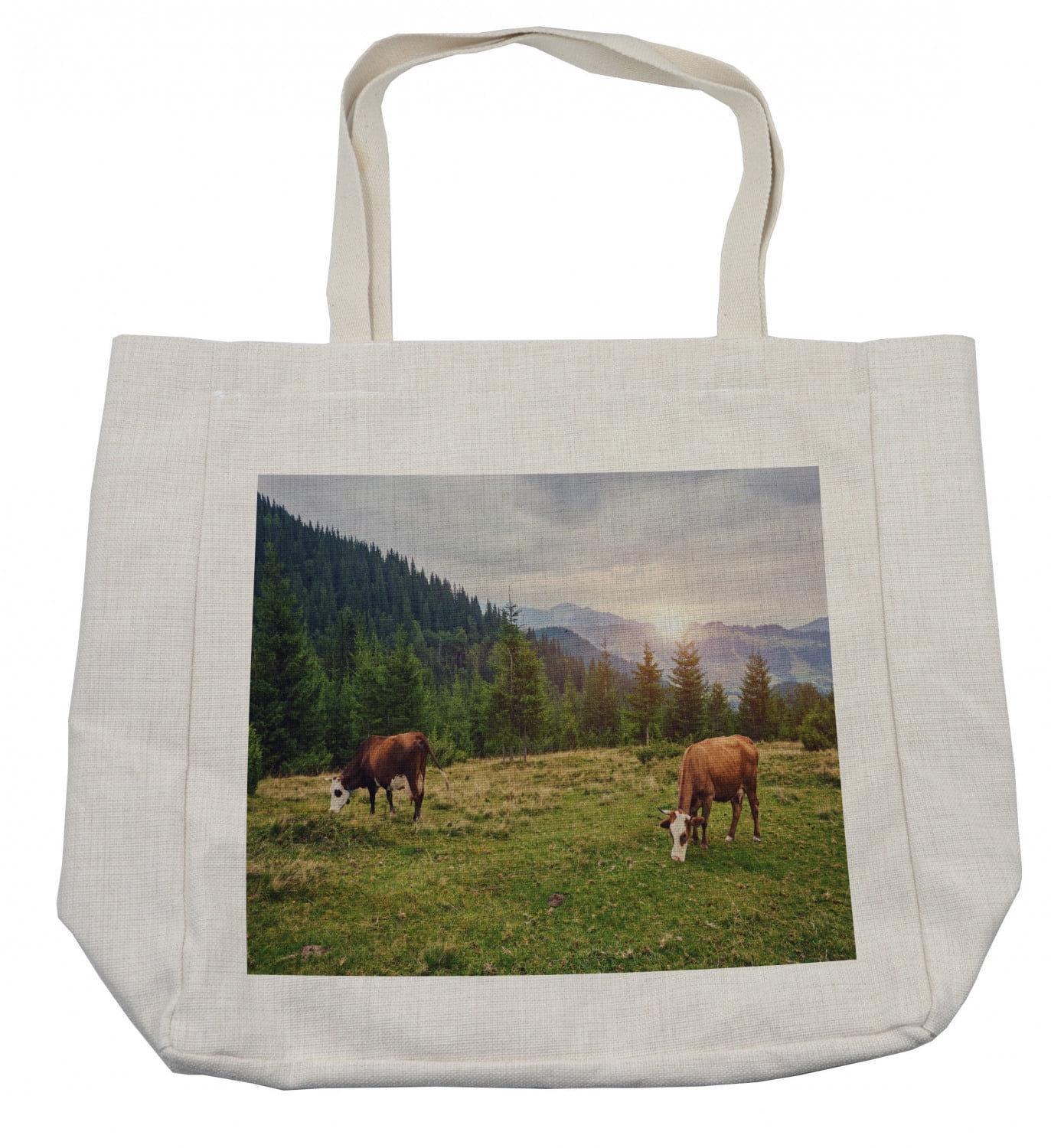 Farm Animal Shopping Bag, Nature Landscape with Cows Grazing in Meadow ...