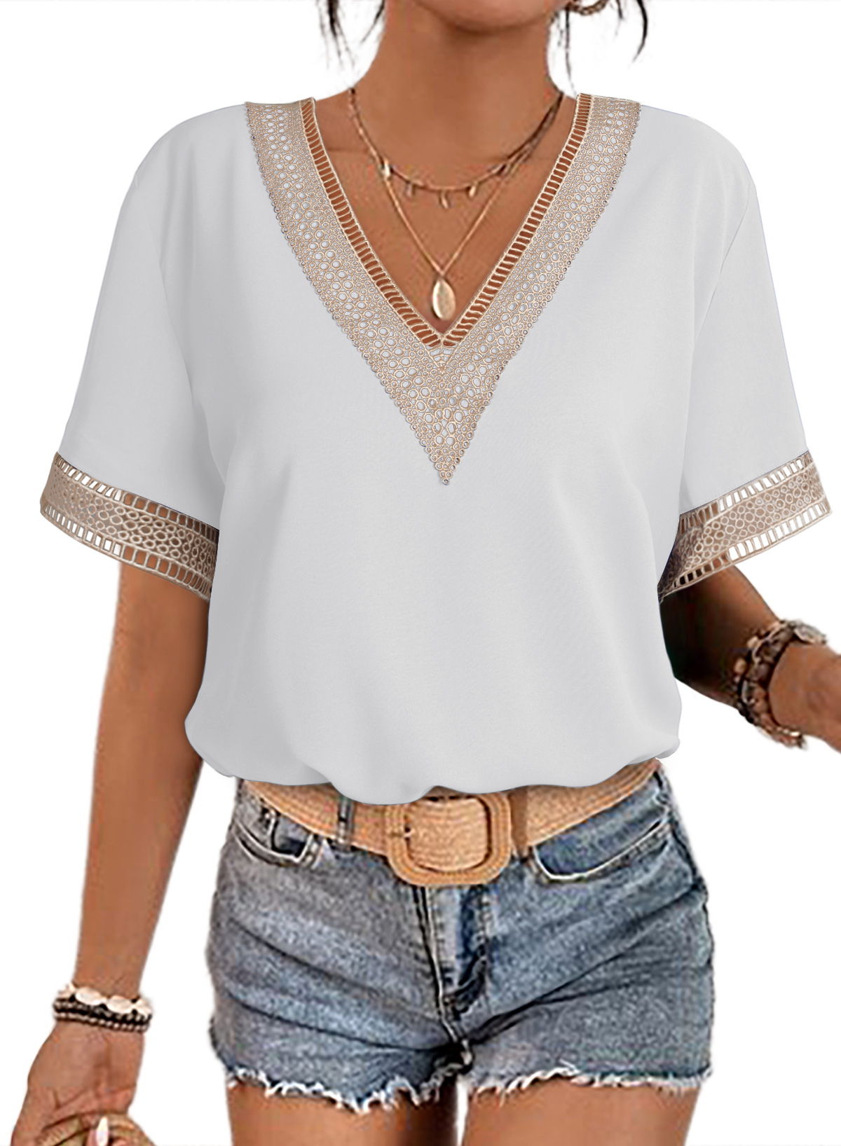 Asyoly Womens Plus Size Tops Sexy Lace Trim Deep V Neck Blouses Fashion Dressy Casual Shirts
