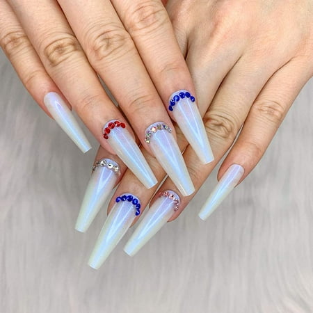 Bail Press on Nails 24pcs French Nude White Ballerina Diamond Long ...