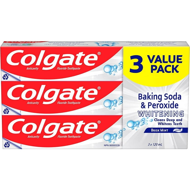 Colgate Baking Soda and Peroxide Whitening Toothpaste, Brisk Mint - 120ml, 3 Pack - Walmart.ca