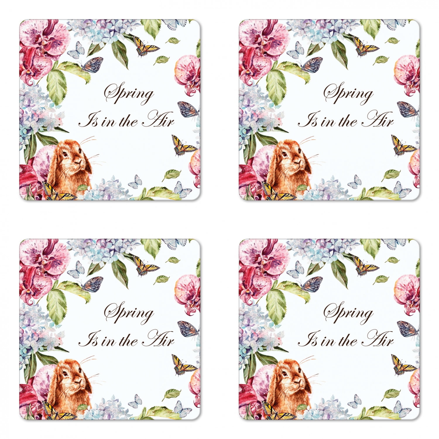 Spring Coaster Set of 4, Hyacintha Flowers Rabbits Orchid Butterfly ...