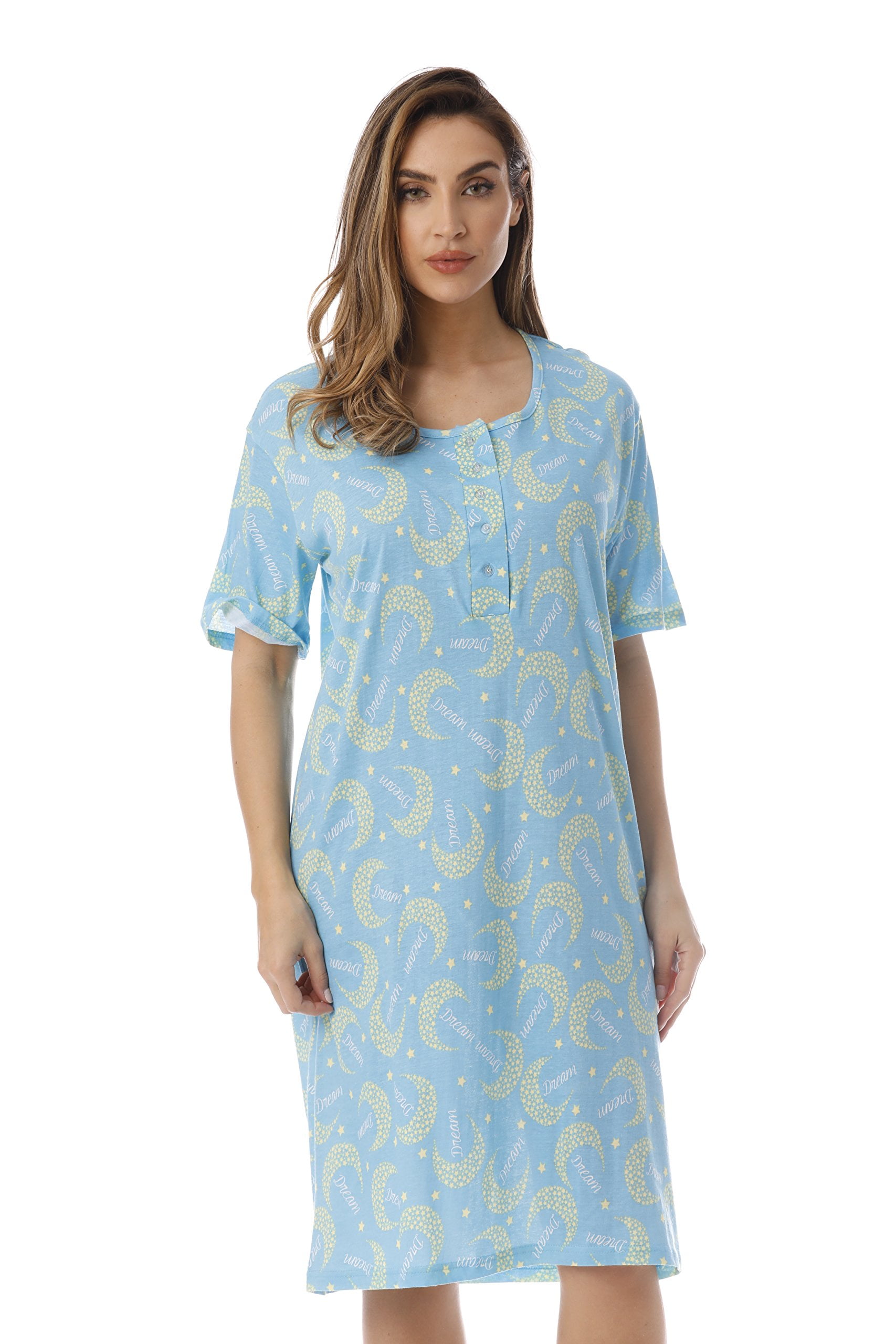 Just Love Short Sleeve Nightgown Sleepwear (Blue - Starry Moon, Large ...