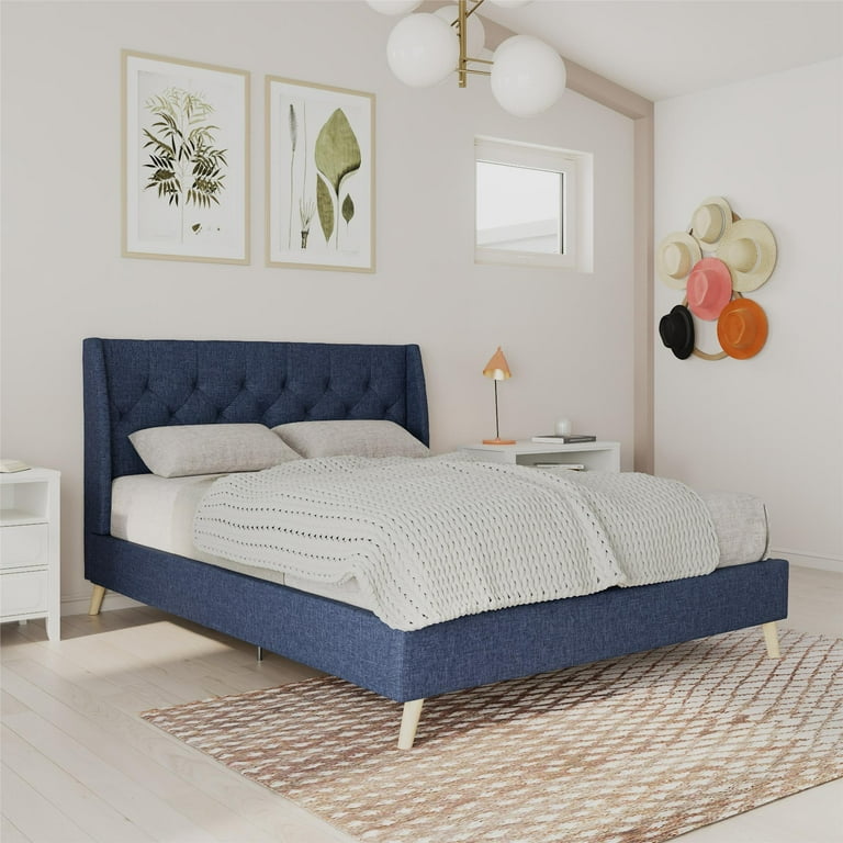 Novogratz Her Majesty Tufted Upholstered Bed Frame Queen Blue Linen Walmart