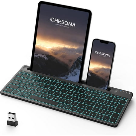 CHESONA Wireless Bluetooth Keyboard, Multi Device Rechargeable 7 Color Backlit Wireless Keyboard ...