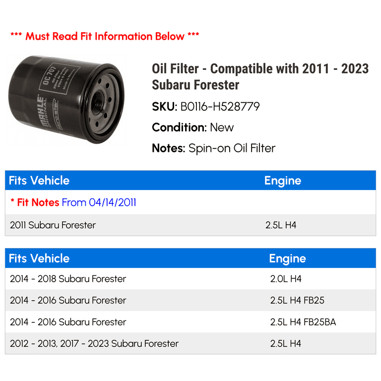 Oil Filter Compatible with 2011 2023 Subaru Forester 2012 2013 2014 2015 2016 2017 2018 2019 2020 2021 2022