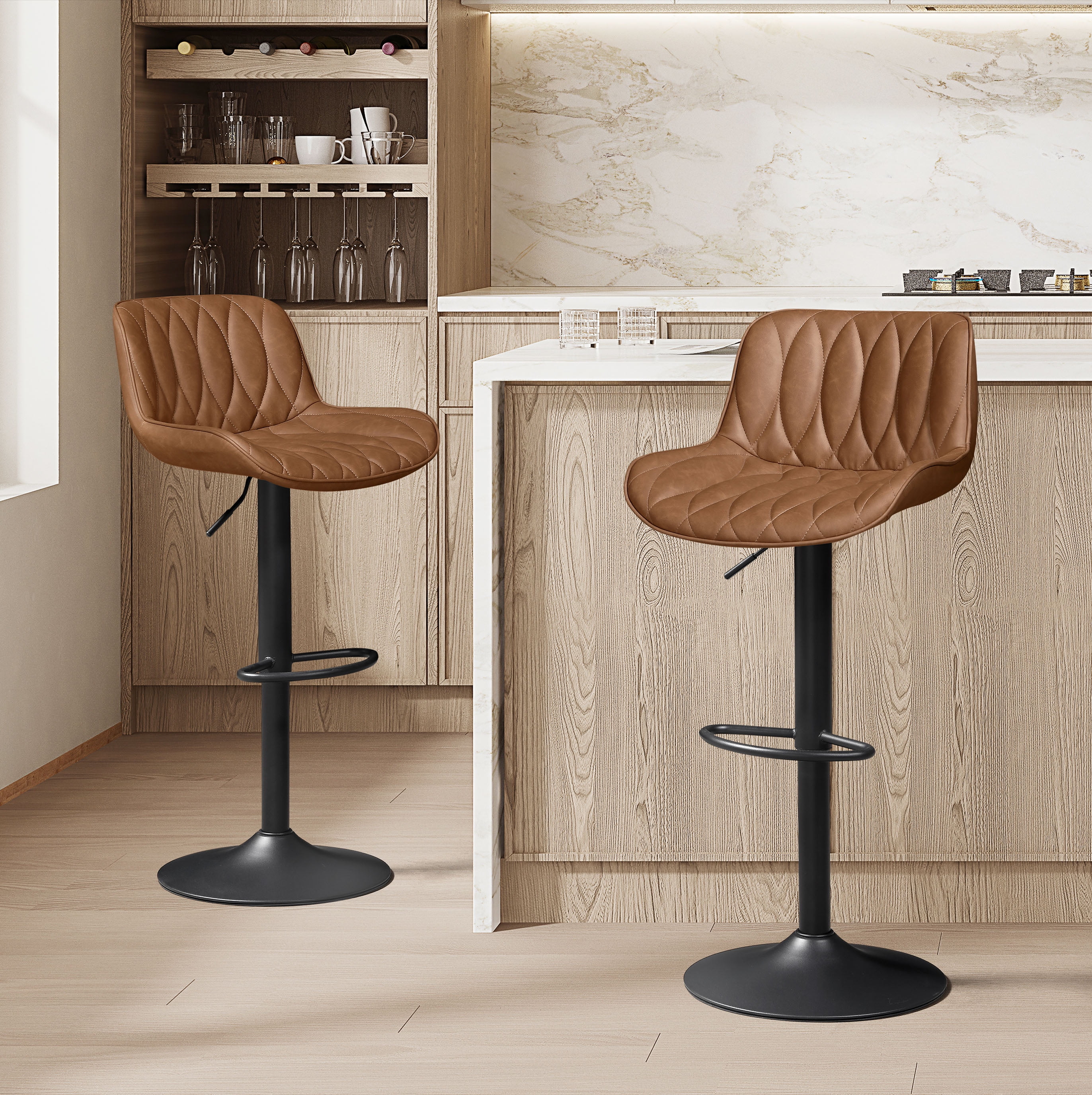 Art Leon Bar Stools Set of 2, PU Leather Swivel Steel Legs,Yellow Brown ...