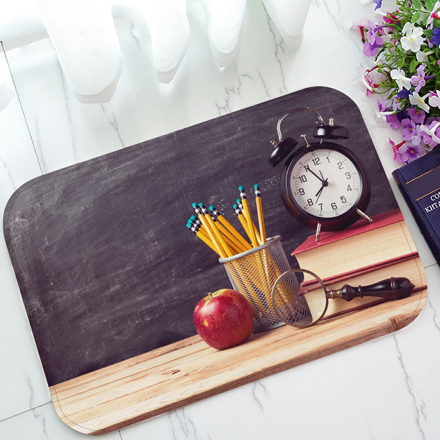 ECZJNT Back to school books alarm clock over chalkboard Welcome Doormat ...