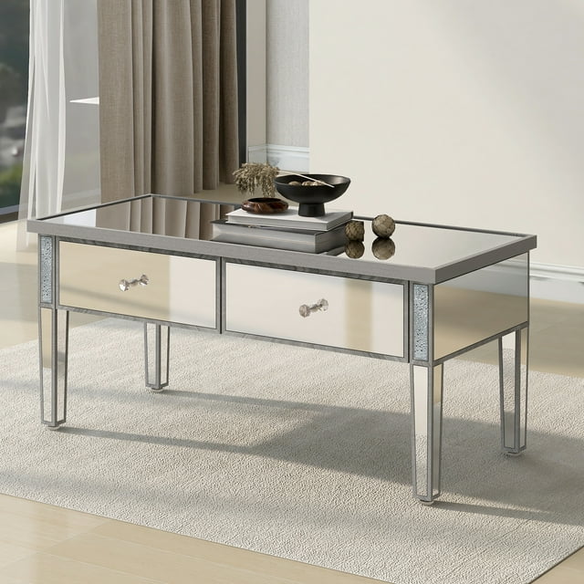 Modern Glass Mirrored Coffee Table with 2 Drawers, Cocktail Table with ...