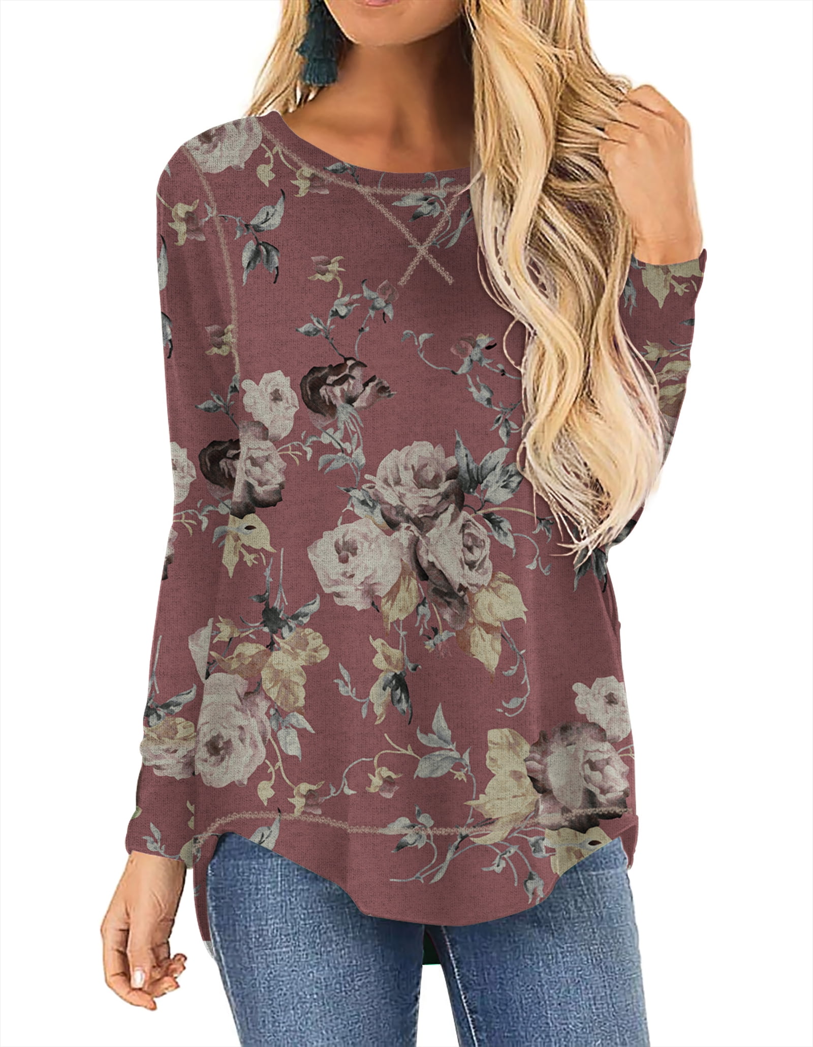 HOWCOME Fall Long Sleeve Side Split Casual Loose Tunic Womens Blouses ...