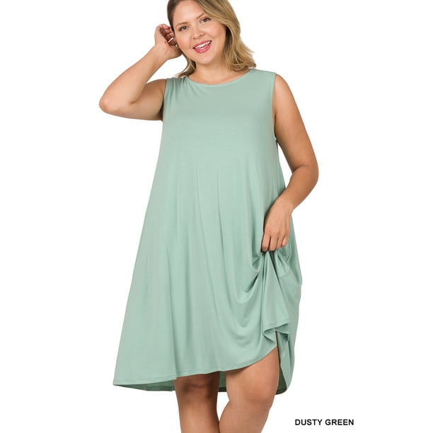 Zenana Women And Plus Sleeveless Jersey Flared Swing Tank Dress With Side