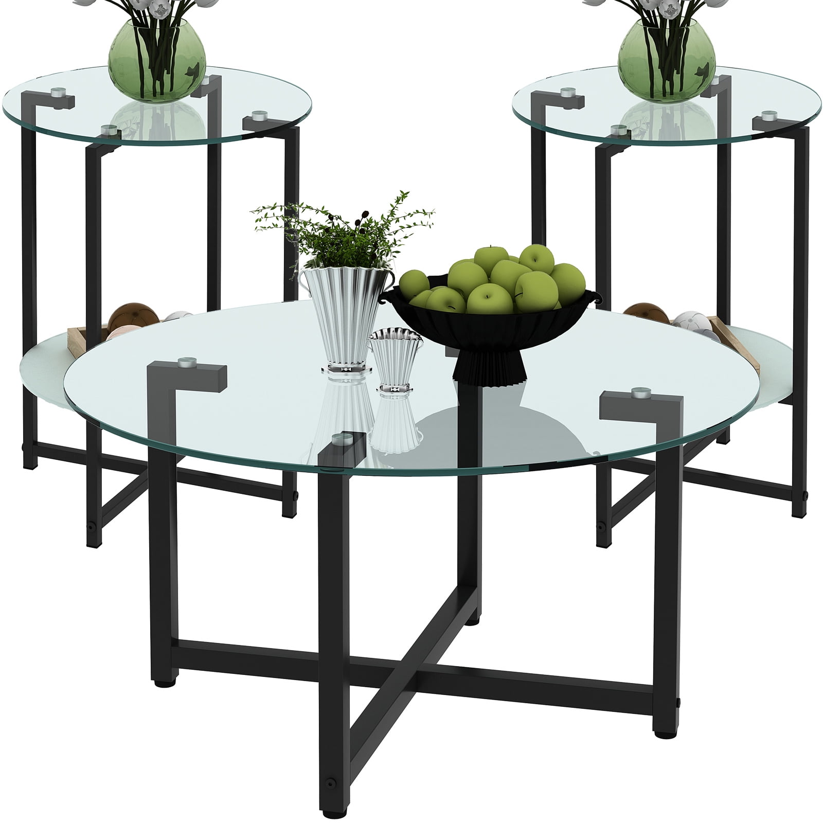 Glass Round Coffee Table Set of 3 Piece, Coffee Table and End Table ...