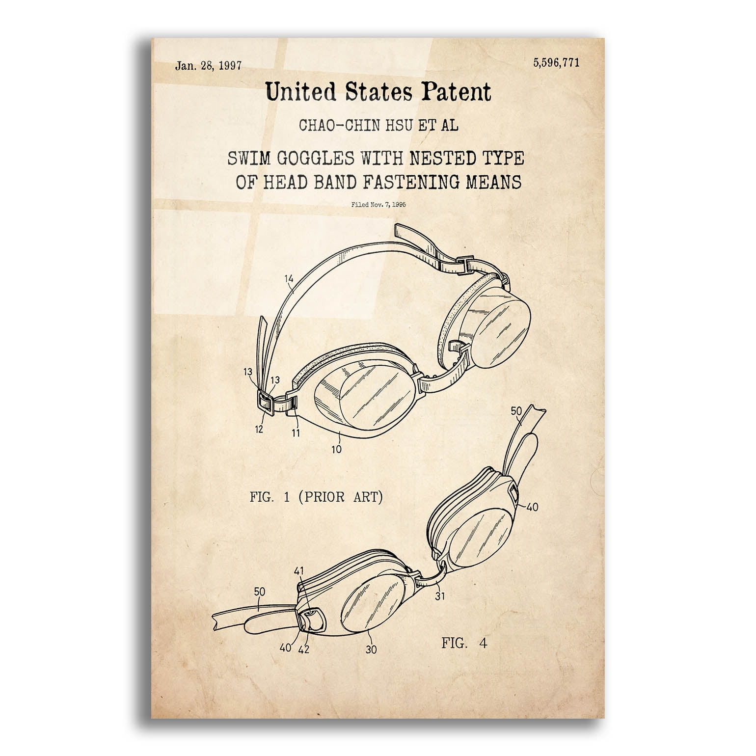 Epic Art 'Swim Goggles Blueprint Patent Parchment,' Acrylic Glass Wall ...