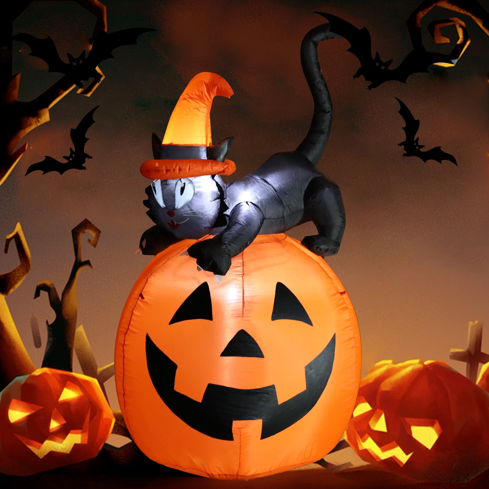 Halloween Inflatable Black Cat Playing Pumpkin Inflatable With LED ...