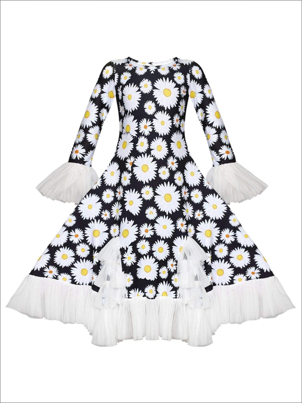 Girls Daisy Print Dress with Ruffled Lace Inserts, Black, Size: 2T-3T ...